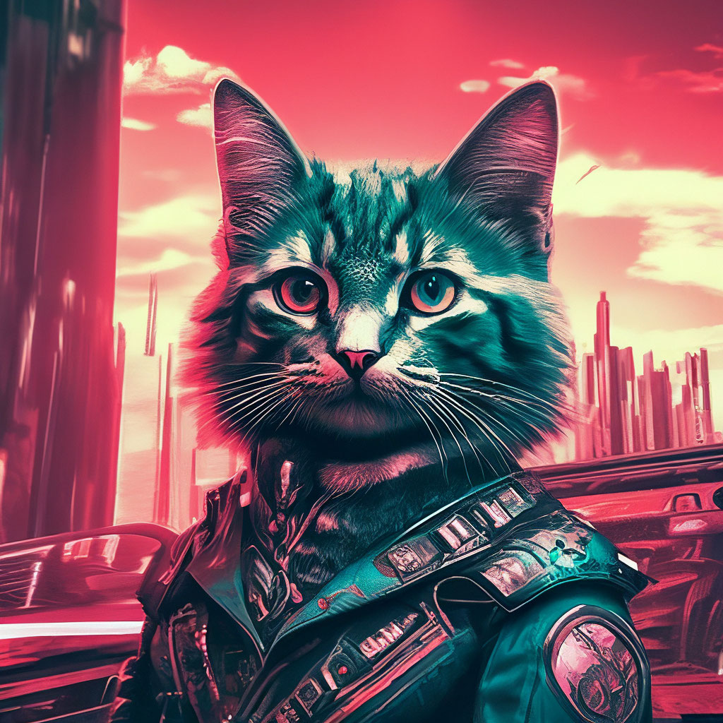 "Fantasy, cat, cyberpunk" — image created in Shedevrum