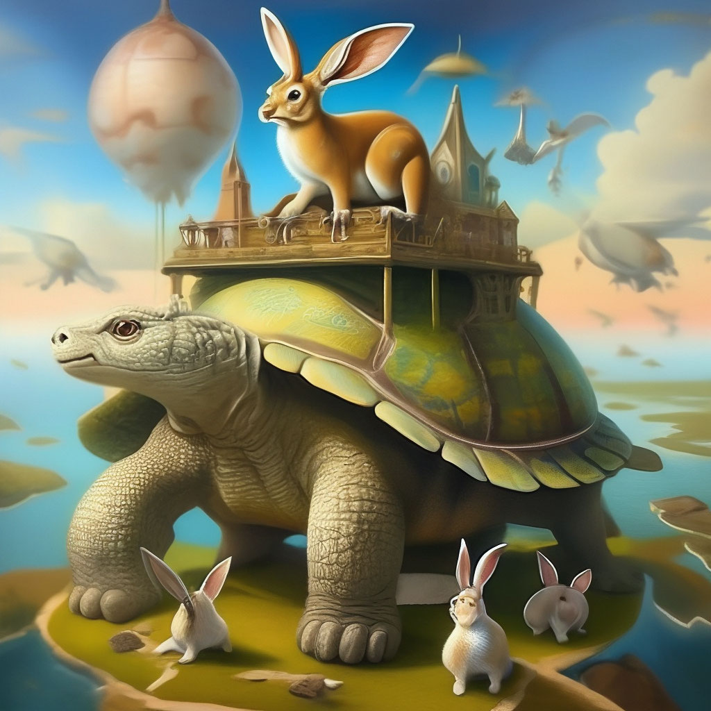 "Surrealism on a huge turtle house in it and a hare and hares" — image ...