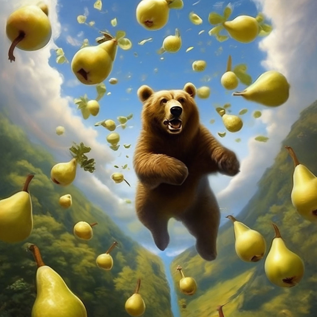 "Pears falling from the sky, bear, surrealism" — image created in Shedevrum