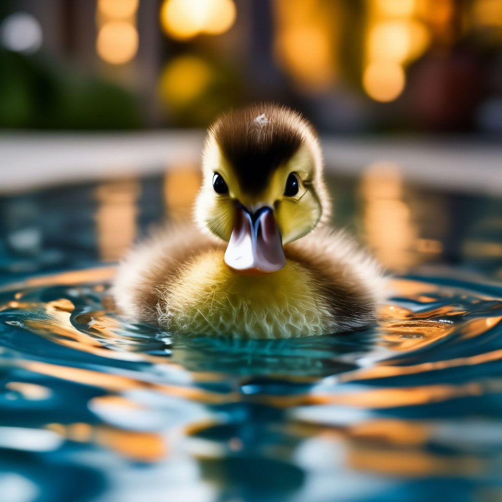 "Duckling in the pool with 🍊" — image created in Shedevrum