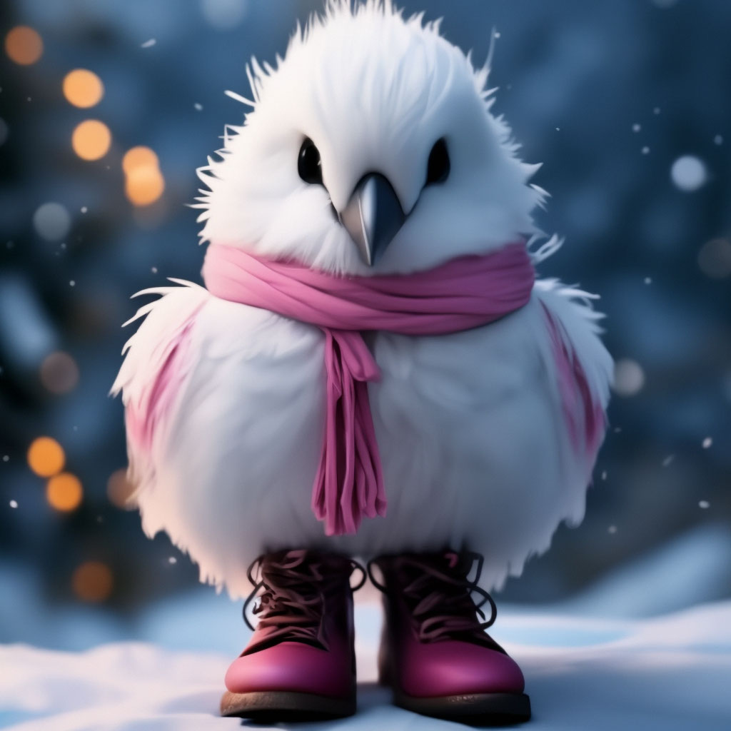 "A small anthropomorphic white bird with feather horns sits in pink ...