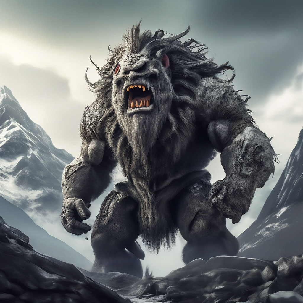 "Giant hairy scary troll with teeth, standing in the mountains ...