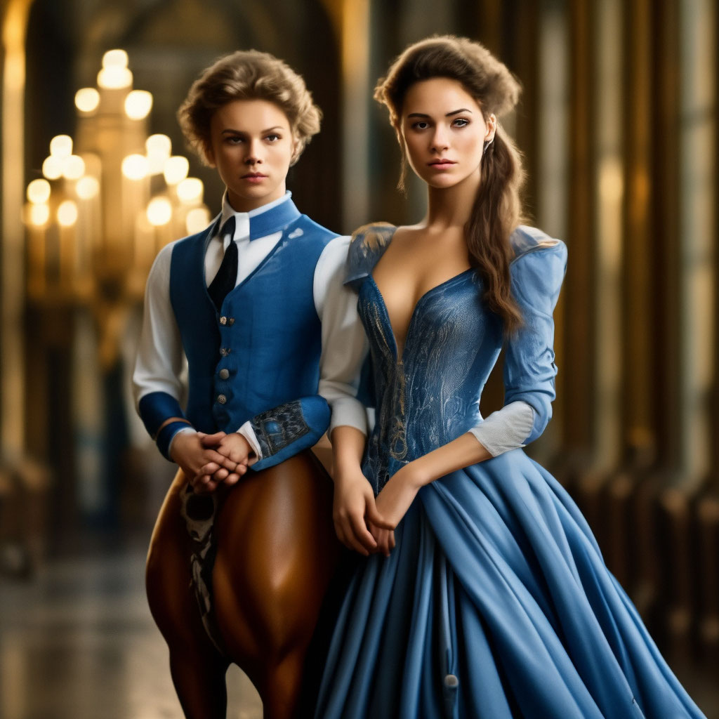 "Centaur-girl+centaur,in a blue dress with a train in the style of the ...