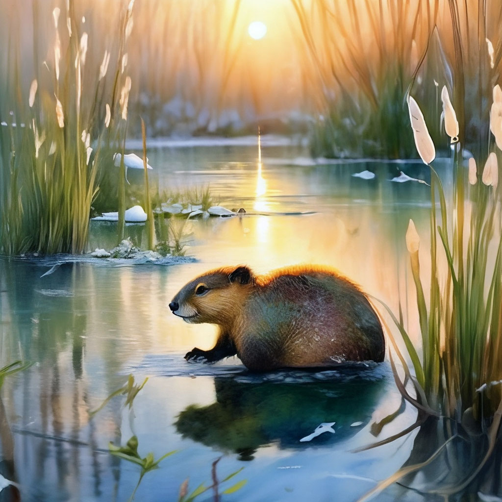 "Beaver.there are emerald grasses around the pond. reeds.snowflakes ...