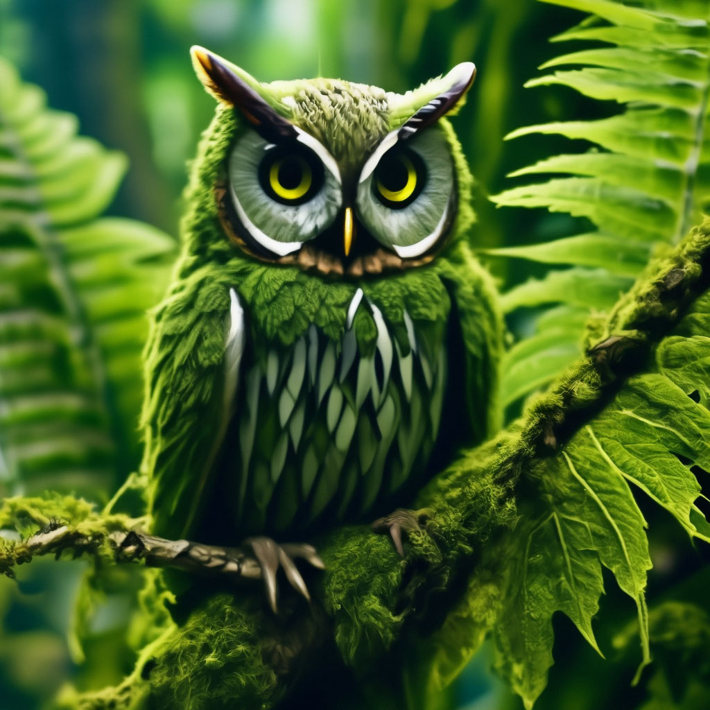 "A green owl made of moss, bark and leaves sits on the branches of a ...