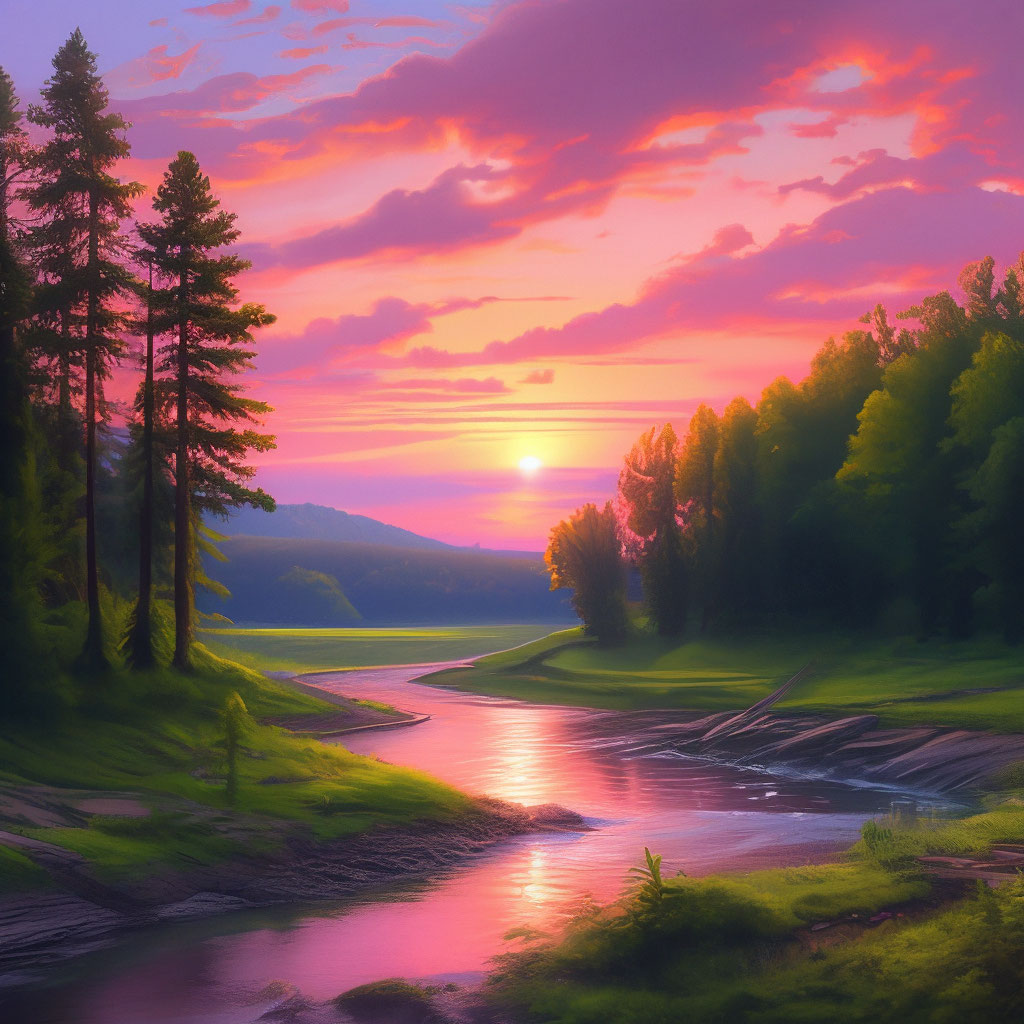 "Landscape, pink sunset, river, greenery, forest, high detail" — image ...