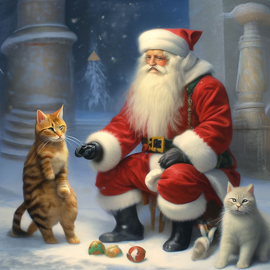"A cat plays with a snow maiden, Santa Claus and a cat" — image created ...
