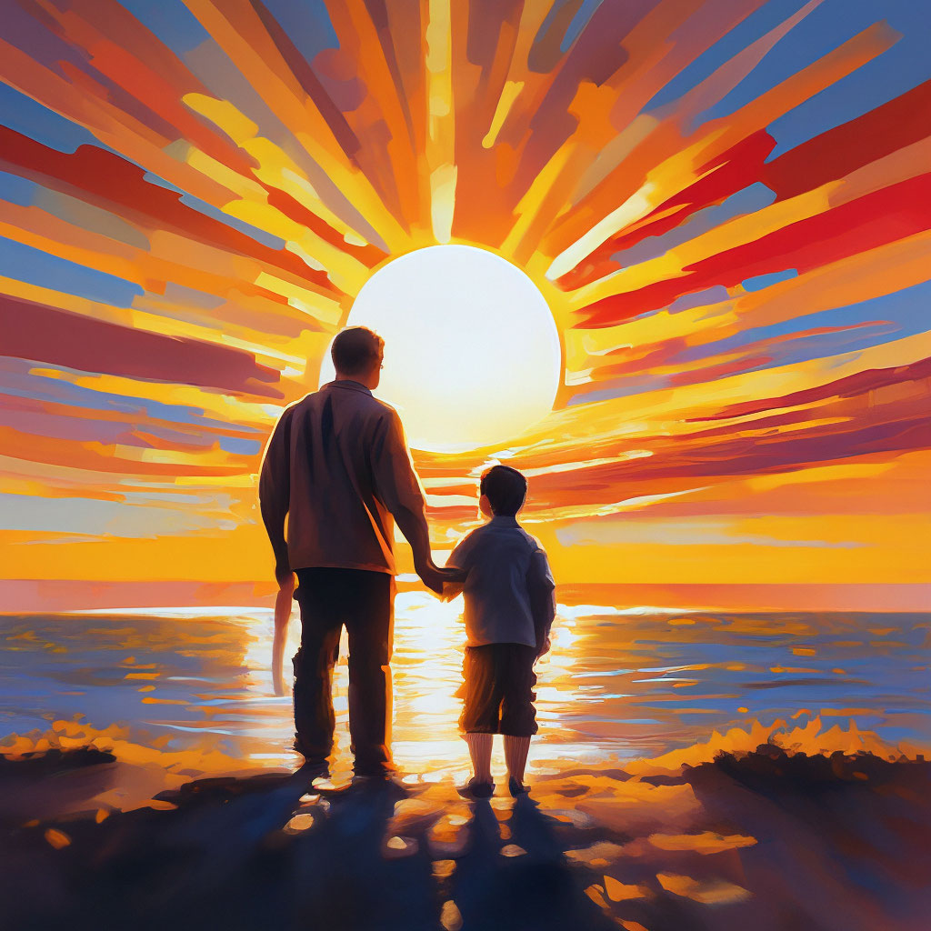 "Sun, sunset father and son" — image created in Shedevrum