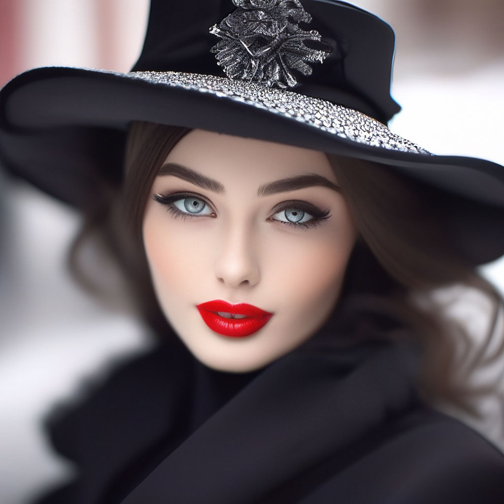 "Girl in a small black hat in the style of merry poppins, beautiful ...