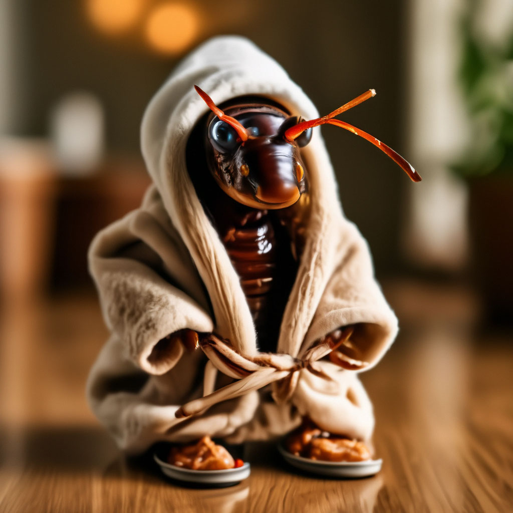 "A cockroach in slippers and a bathrobe with a bath cap" — image ...