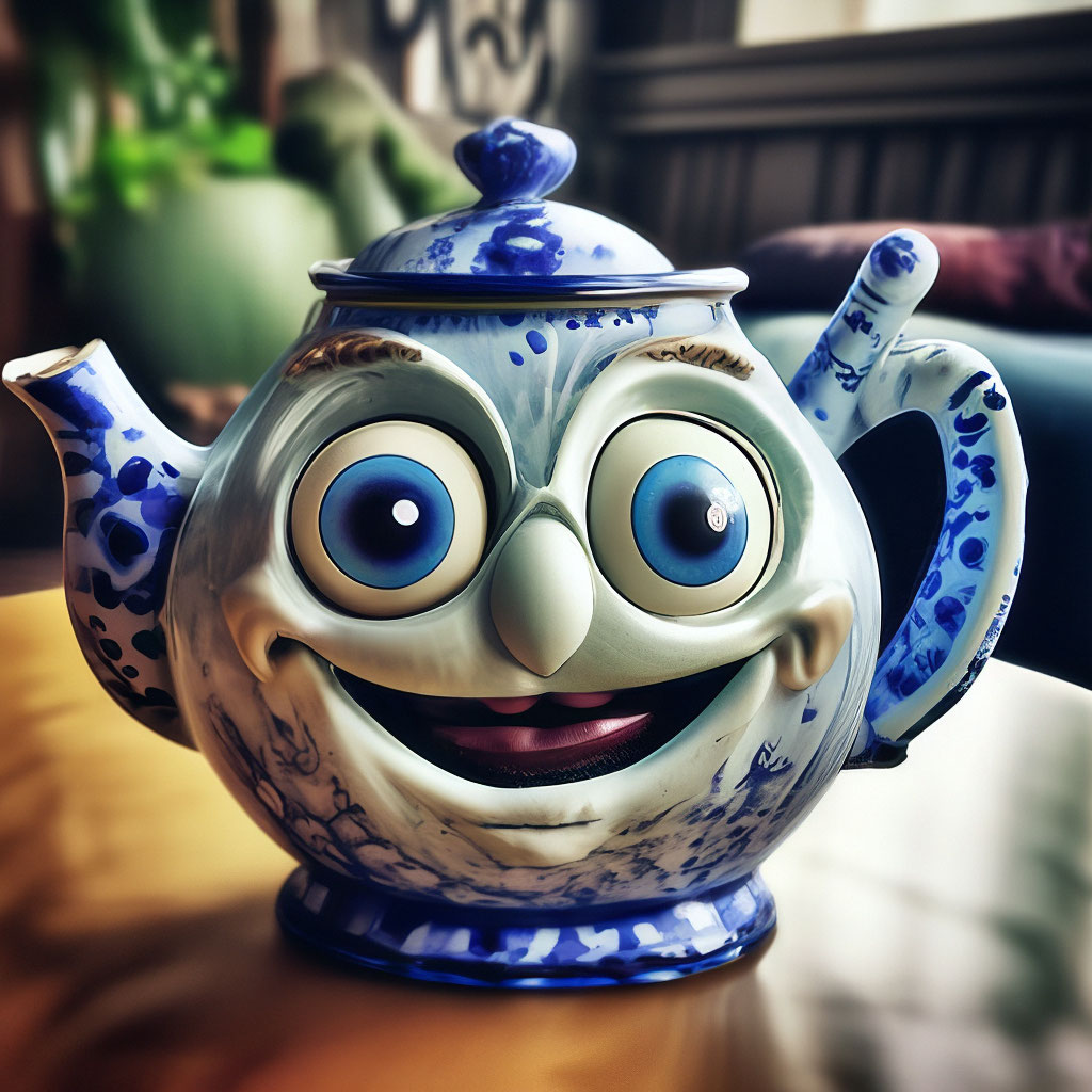 "Creep fluffy funny bug-eyed teapot, smiling, sitting, funny eyes ...