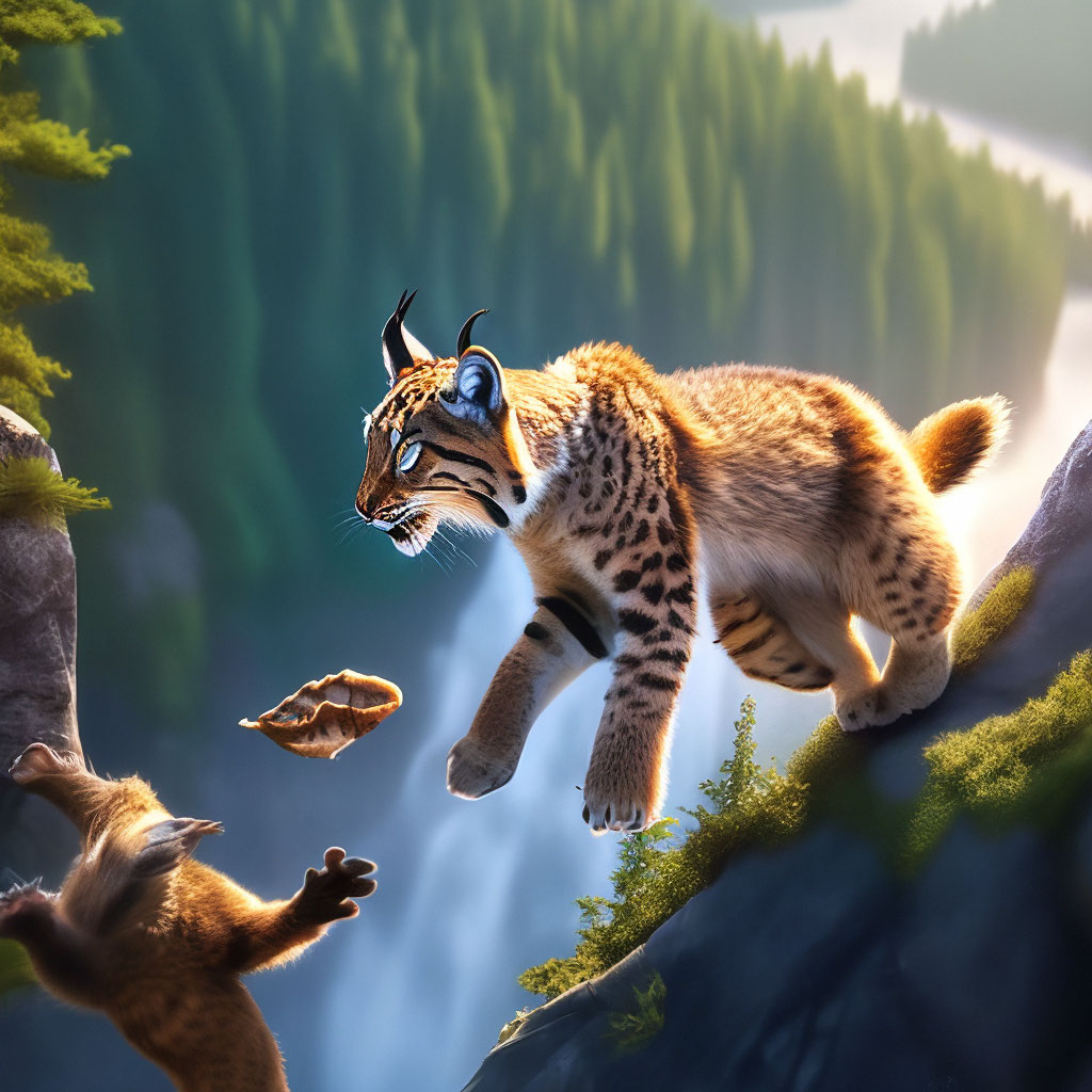 "A lynx that falls off a cliff holding a bone in its teeth, which a ...