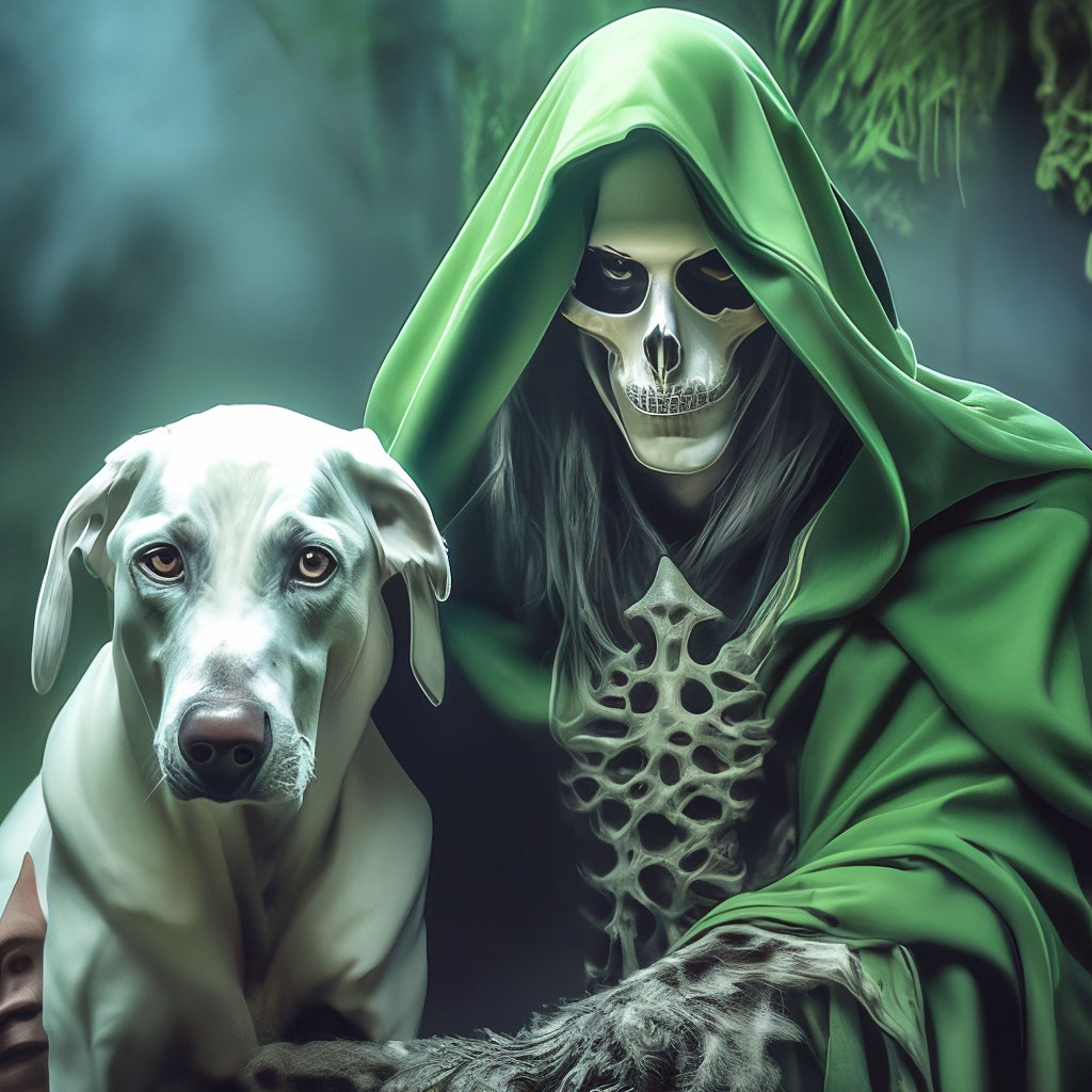 "Lich, tall man, necromancer, hooded, next to a bone hound, white bones ...