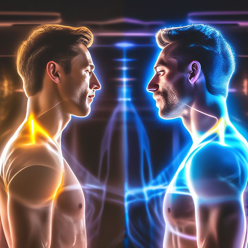 "A man and his energy transparent double side by side" — image created ...