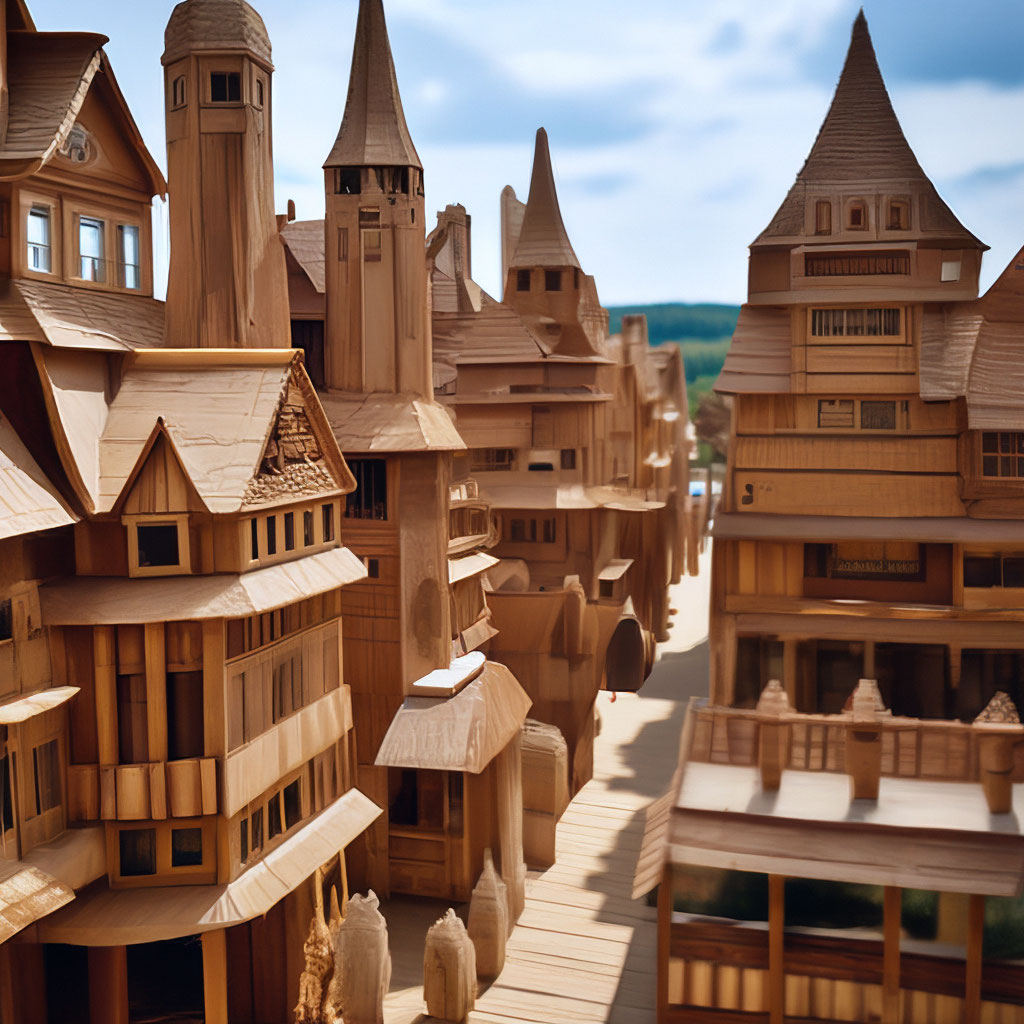"Made of wood, city" — image created in Shedevrum