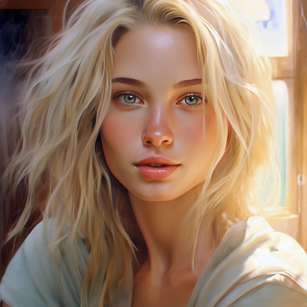 "Atmosphere watercolor, portrait, blonde girl, light eyes, natural face ...