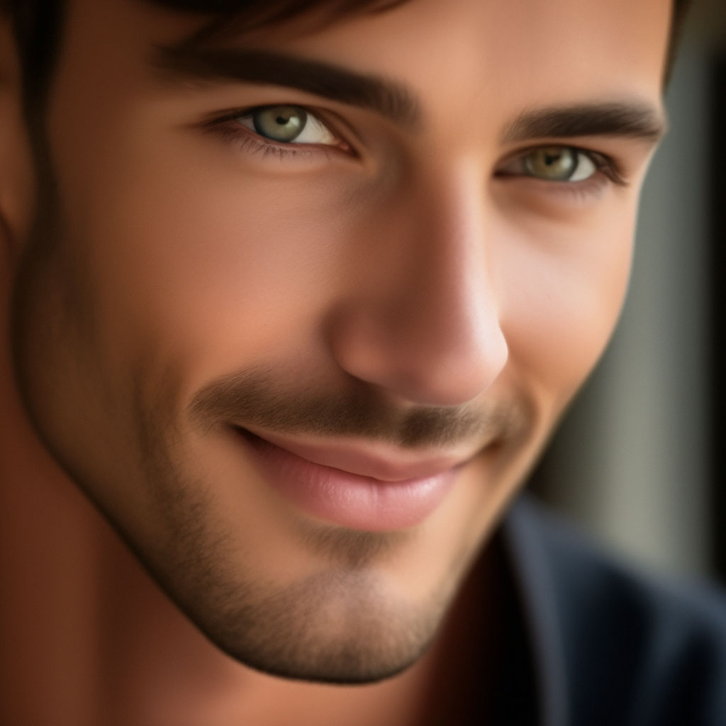 "Man 35, professional shooting, smile, dimples, brunette haircut, male ...