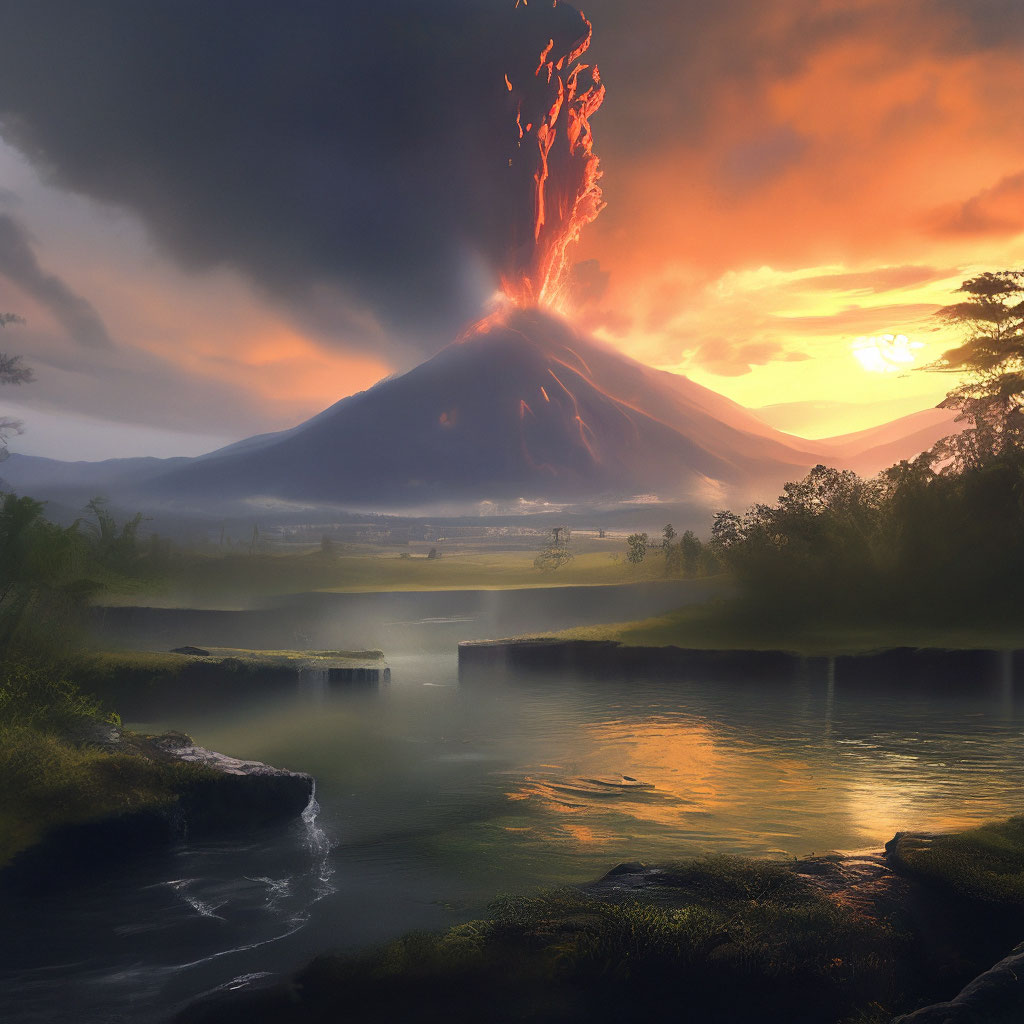 "The eruption of a volcano in a dense swamp, realistic, detailed ...