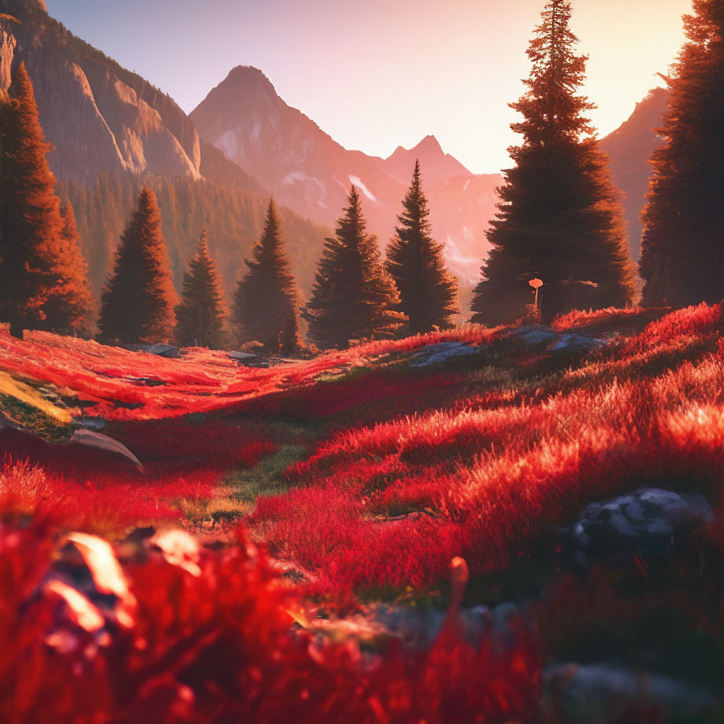 "A red forest with mountains and grass. (shadows of trees and mountains ...