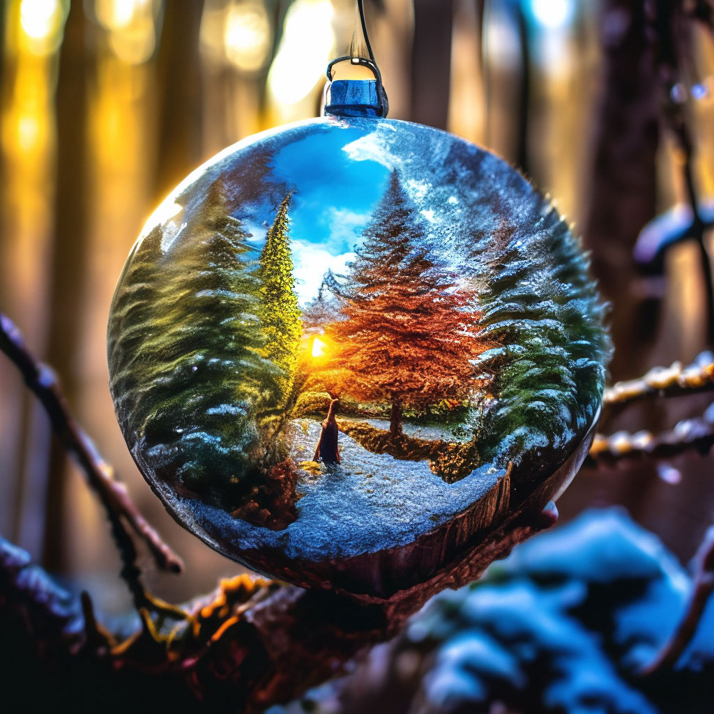 "Narnia in a Christmas tree ball,on a branch in the forest,pixel ...