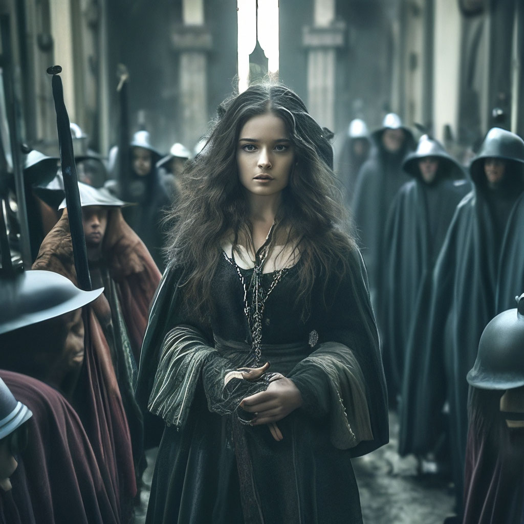 "Middle Ages. inquisitors and a young beautiful witch in chains ...