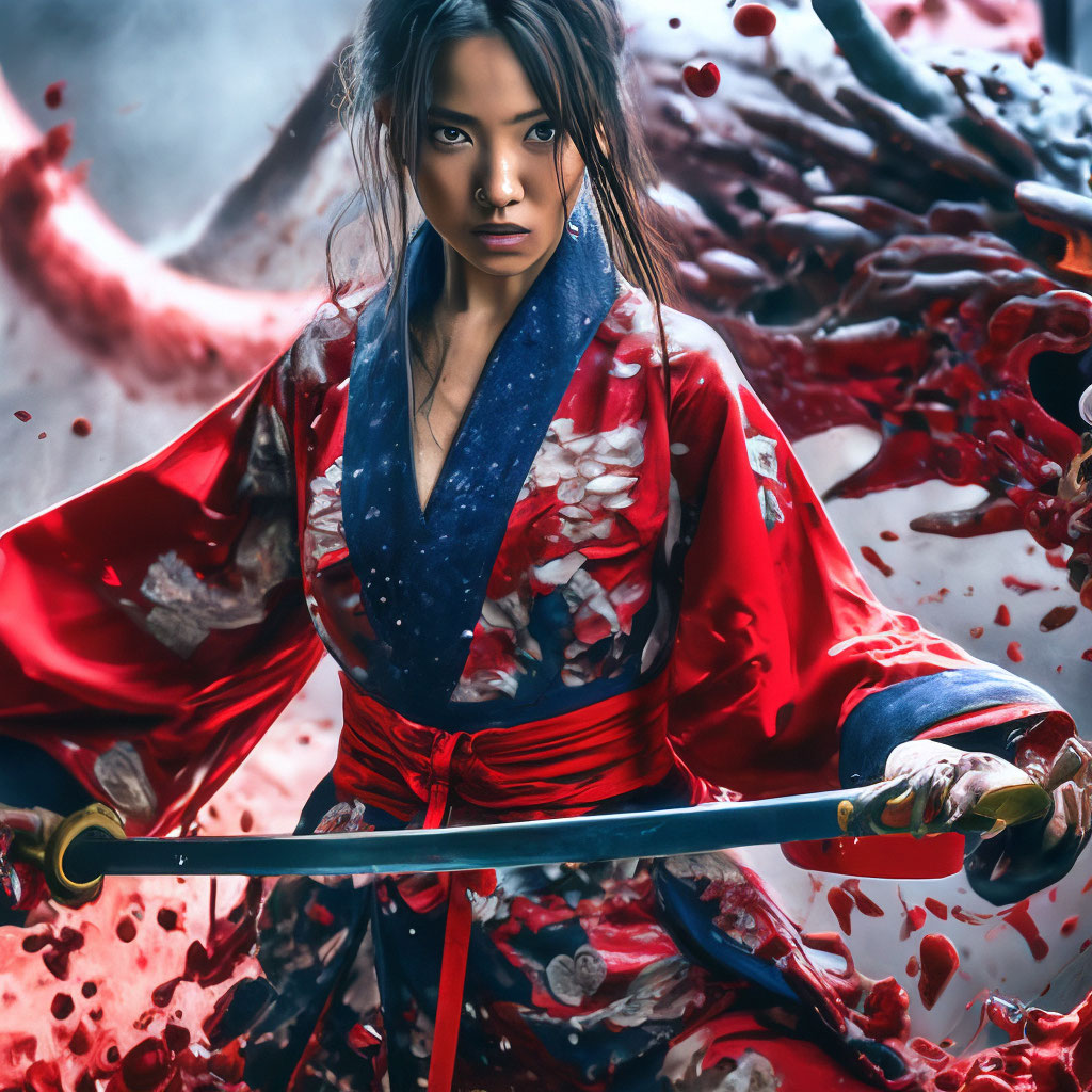 "A shinobi girl with a sword in a yukata embroidered with dragons ...