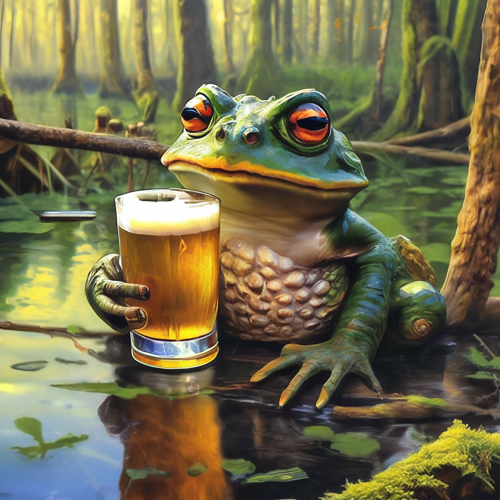 "A toad in a swamp drinks beer" — image created in Shedevrum