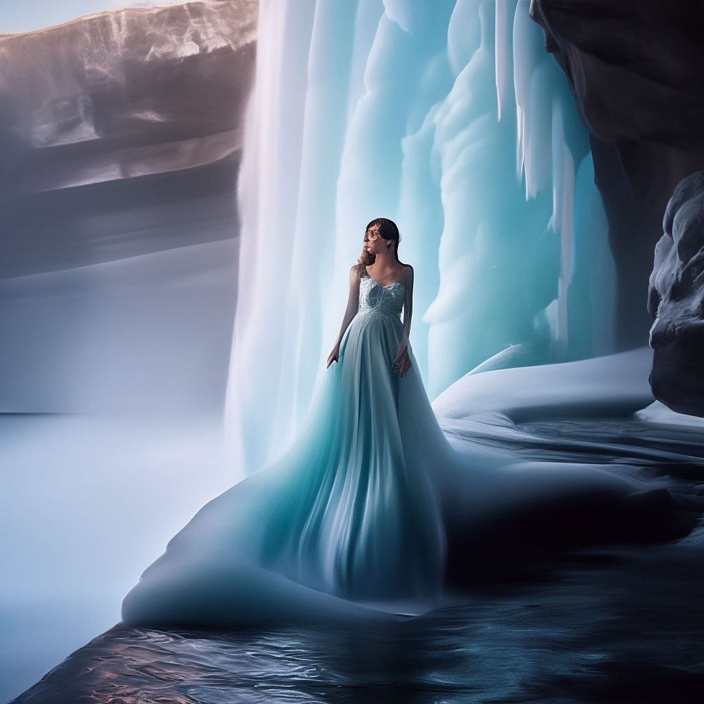 "Girl in an icy translucent dress on the edge of an ice cliff ...