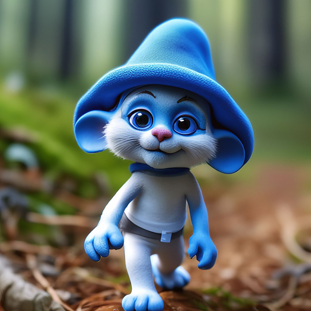 "Realistic skinny Smurf with a kitty face walking through the forest ...