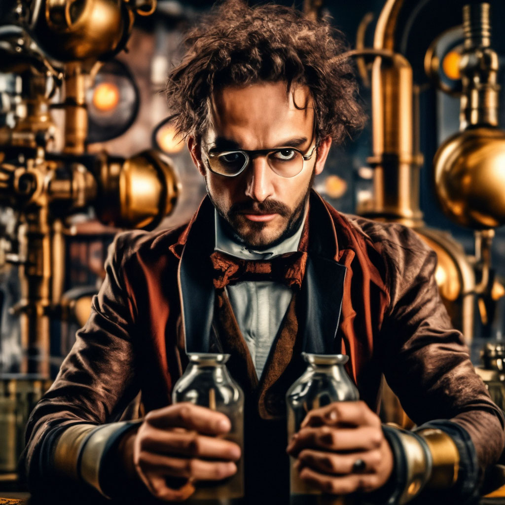"Crazy chemist, steampunk style" — image created in Shedevrum