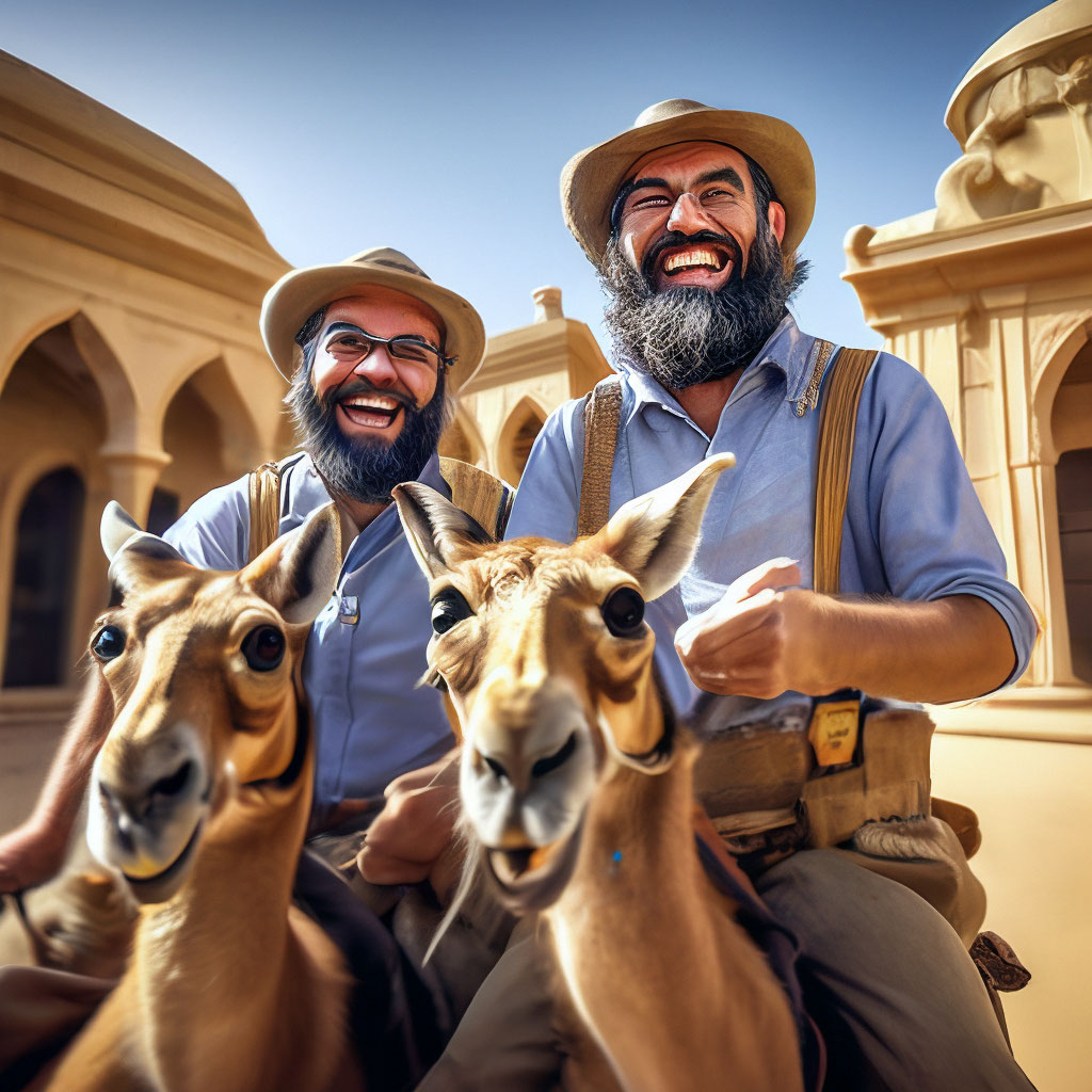 "Professional photo. Two bearded geologists rode trained kangaroos to ...