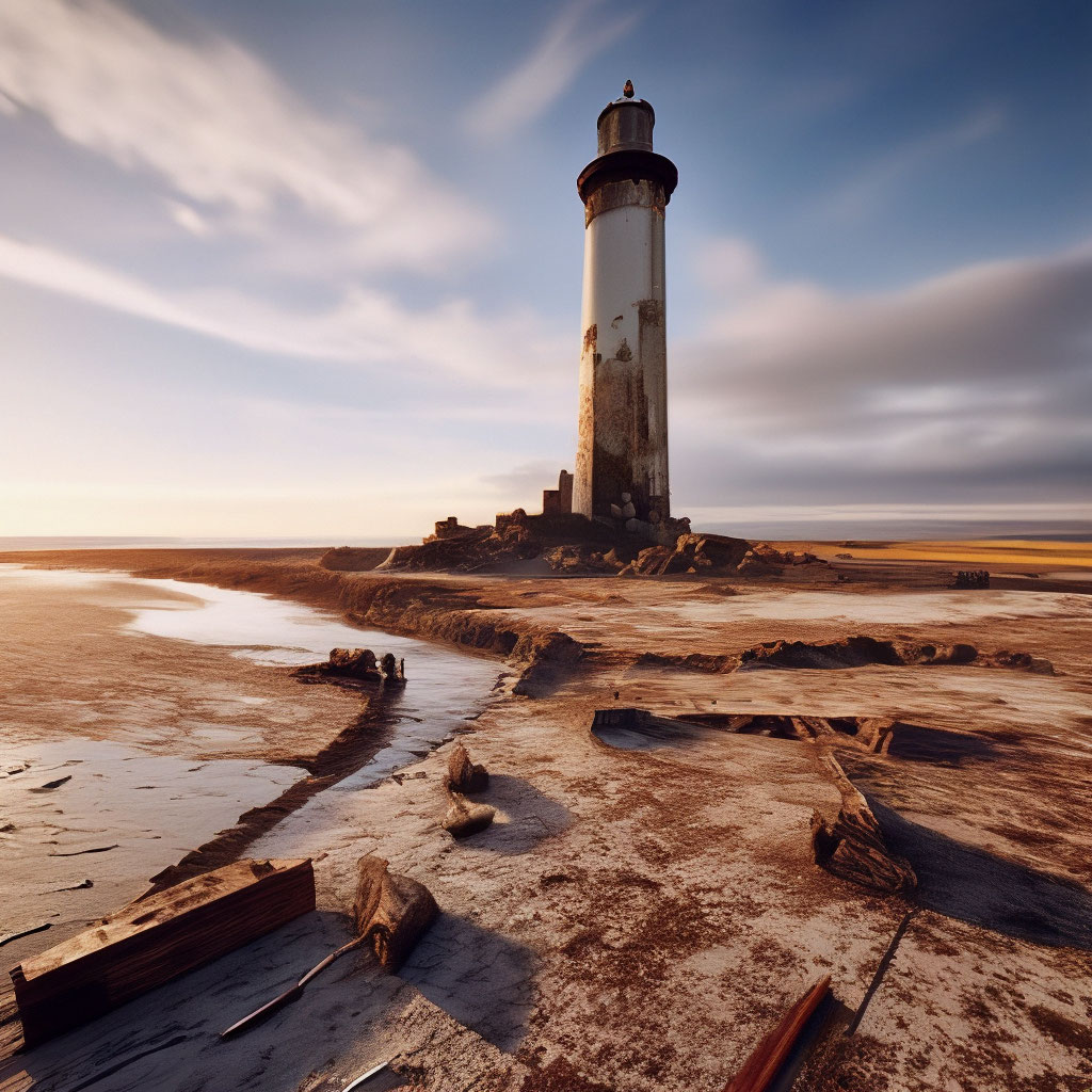"An old broken lighthouse, the sea has dried up" — image created in ...