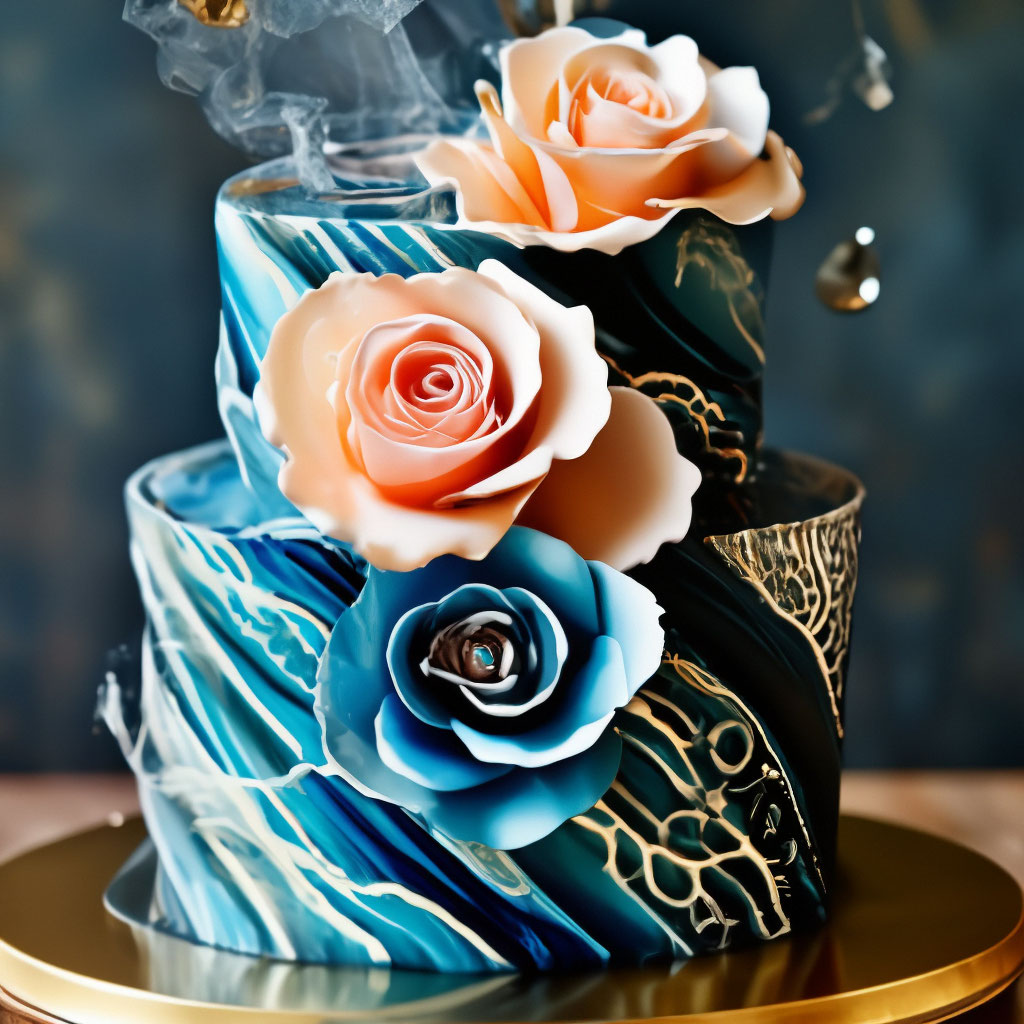 "Spiral cake, cosmic smoke, mother-of-pearl roses in an isomalt grid ...