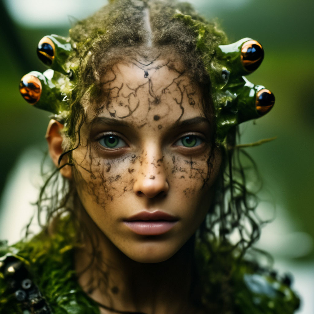 "Zoontropy hybrid woman+connected+toad, metomorphosis, huge swamp eyes ...