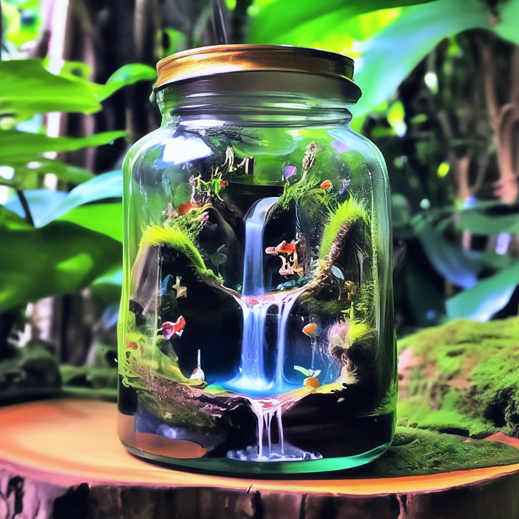 "A jar on the table in a tropical forest inside pours a beautiful ...