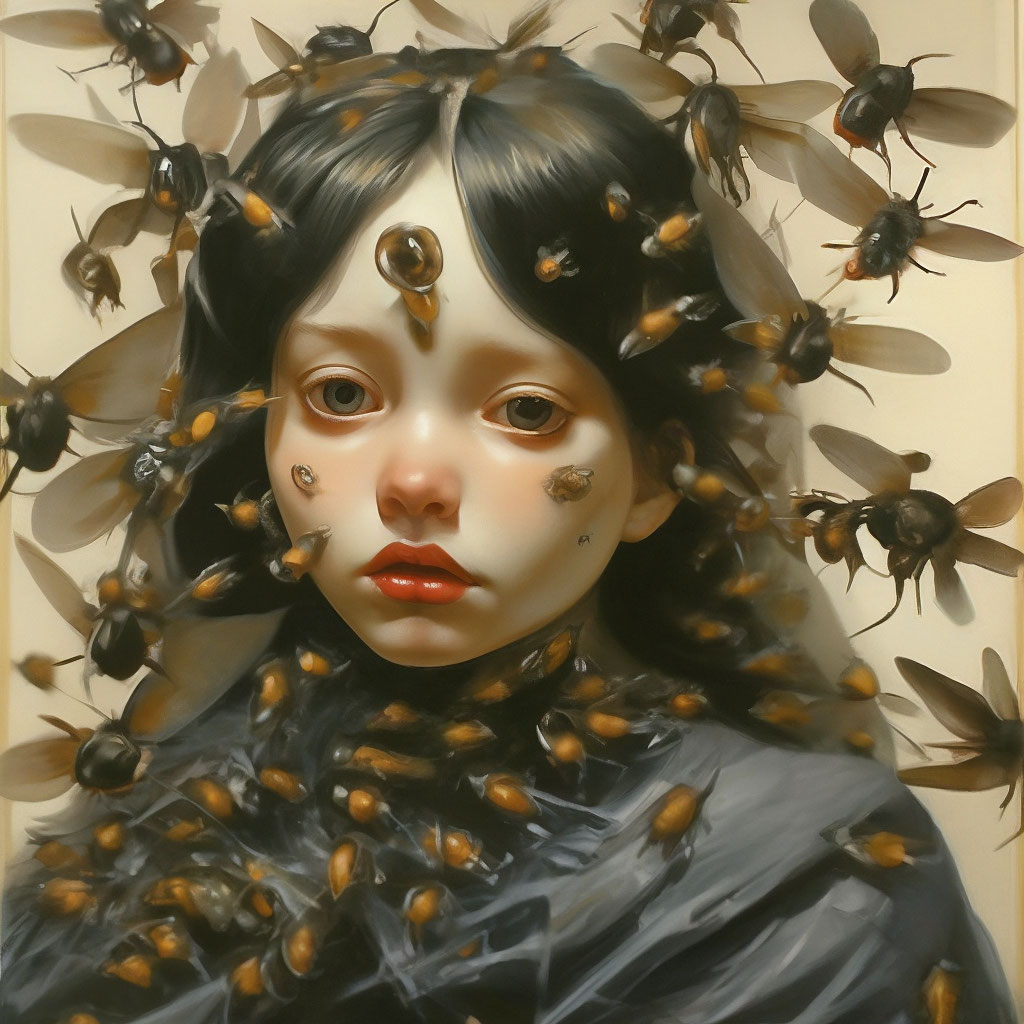 "Color engraving, a girl was plastered with a flock of flies ...