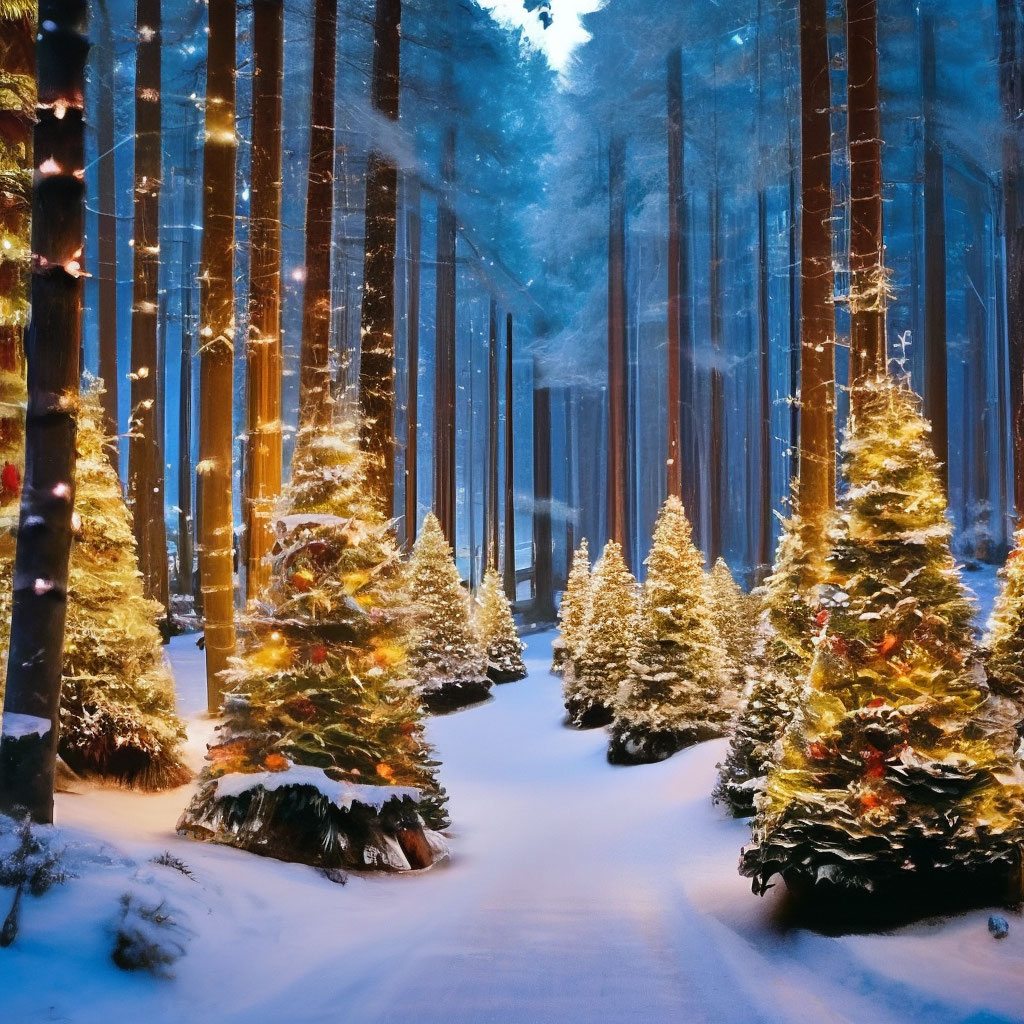 "New Year's forest, all the Christmas trees are decorated in the forest ...