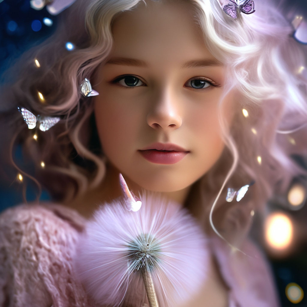 "Romantic girl,attentive look, face, levitation, hair like fluff ...