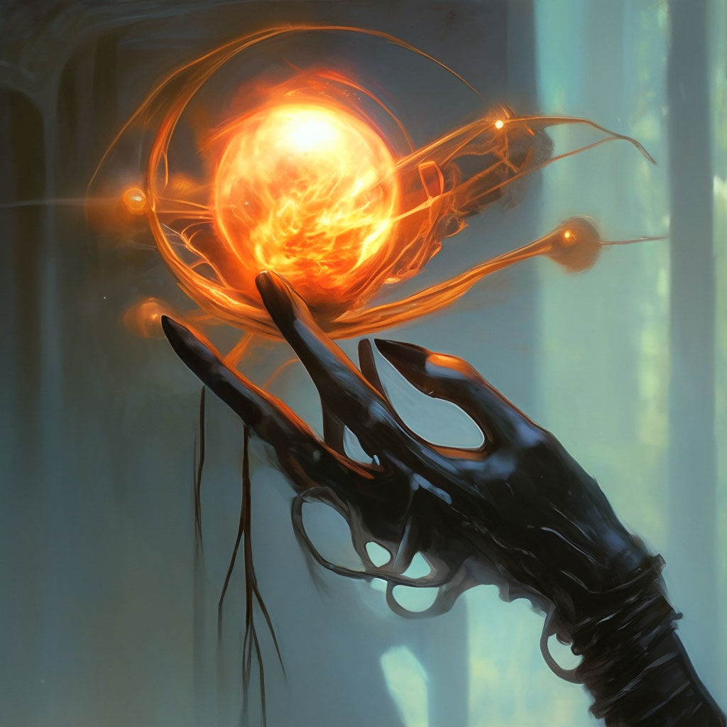 "A woman's hand, pale skin, long black nails, a fiery sphere hovers ...