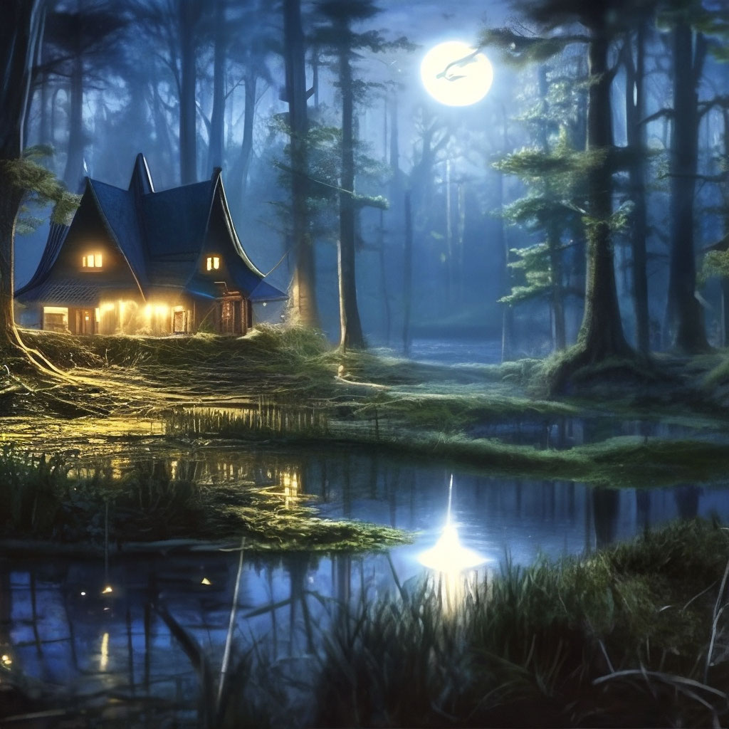 "Night forest, magic house, fireflies, swamp" — image created in Shedevrum