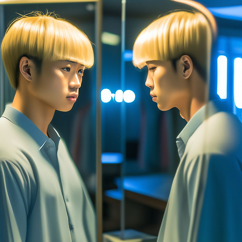"An Asian man with blond hair looks in the mirror and the reflection in ...