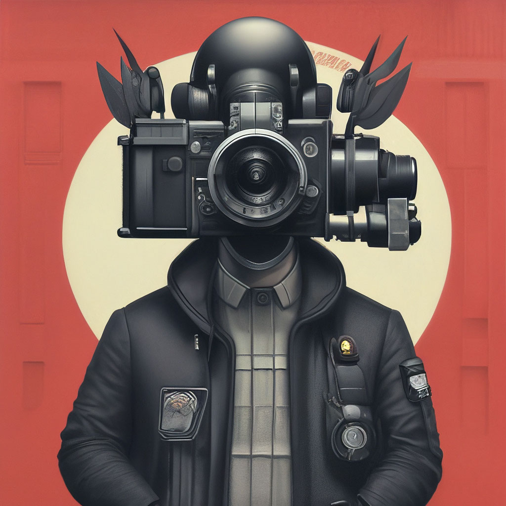"A man with a camera for a head and he's wearing a black jacket ...