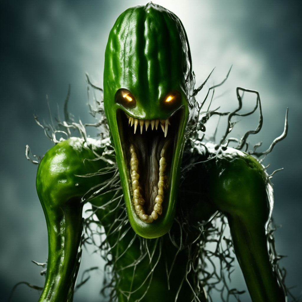 "Anthropomorphic cucumber, symbiosis, gloomy, horror, tin, fear ...