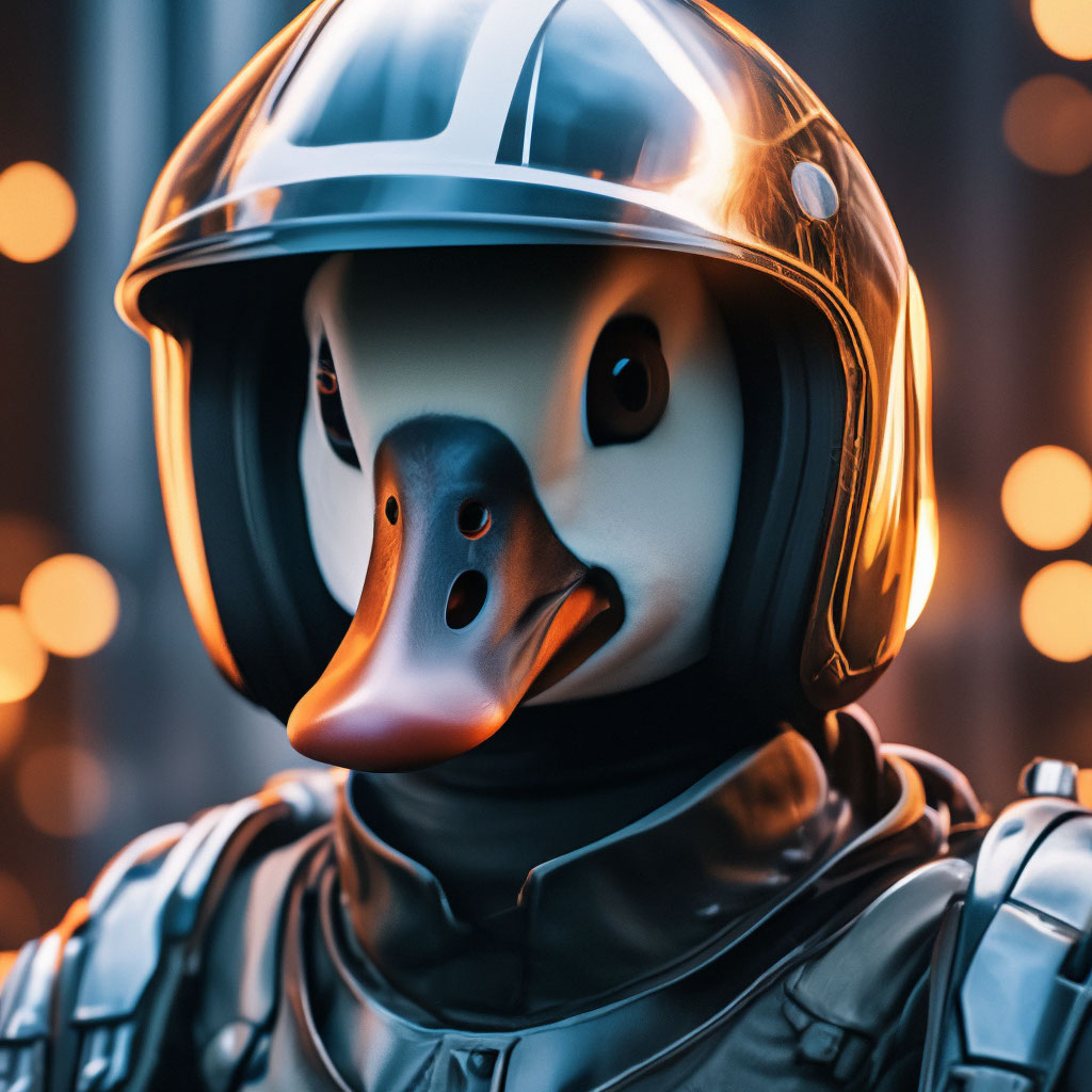 "An anthropomorphic goose in a helmet. glow, backlight, remote view ...