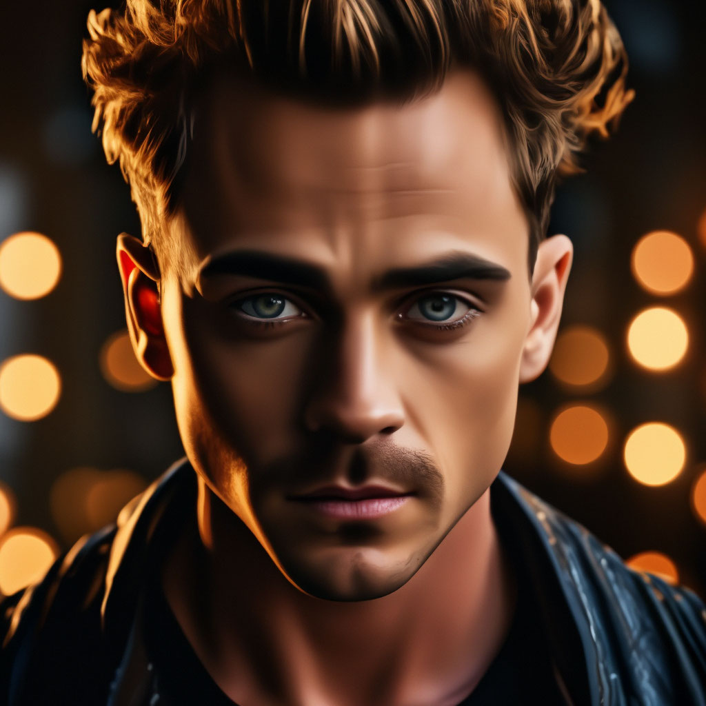 "Daker Montgomery, Glowing eyes, glitter on the face, symbols on the ...