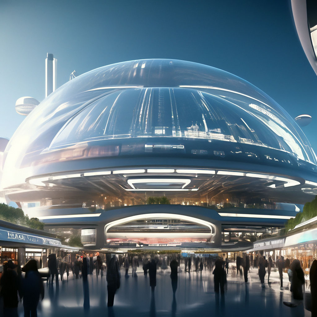 "A huge giant futuristic hypermarket of the future with a large dome ...