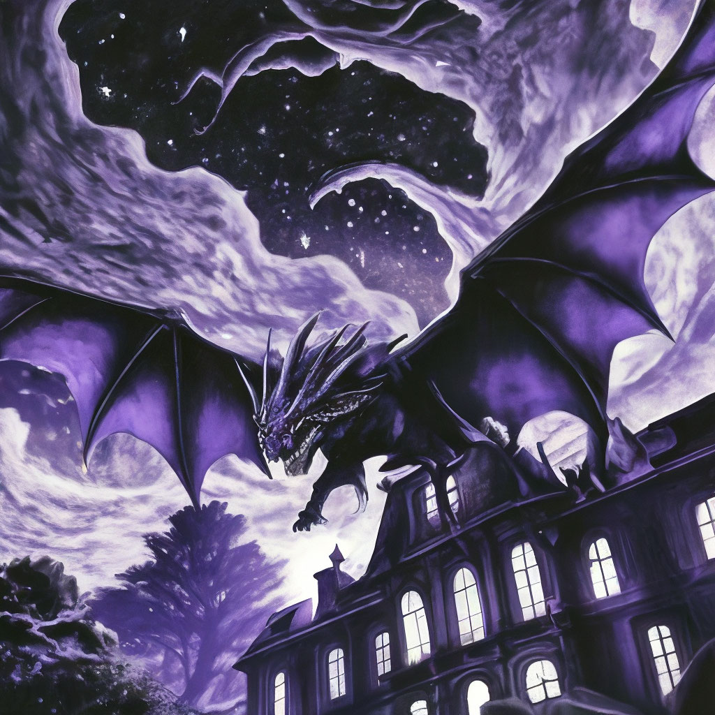 "A ghostly wyvern with black scales and violet flecks and flies in the ...