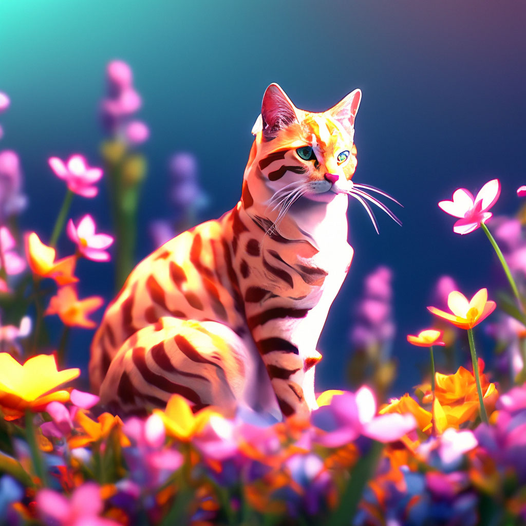 "A flower cat sits in flowers" — image created in Shedevrum