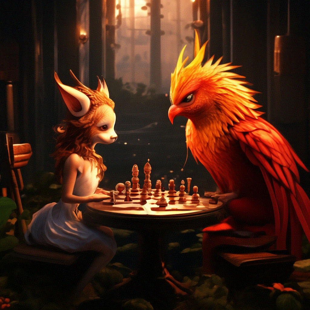 "Fawn and Phoenix are playing chess" — image created in Shedevrum