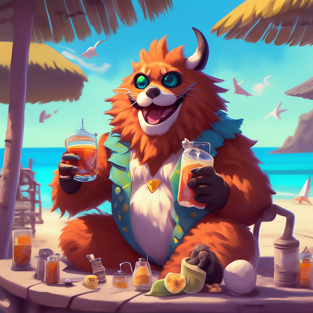 "Furry monster drinking rum on the beach" — image created in Shedevrum